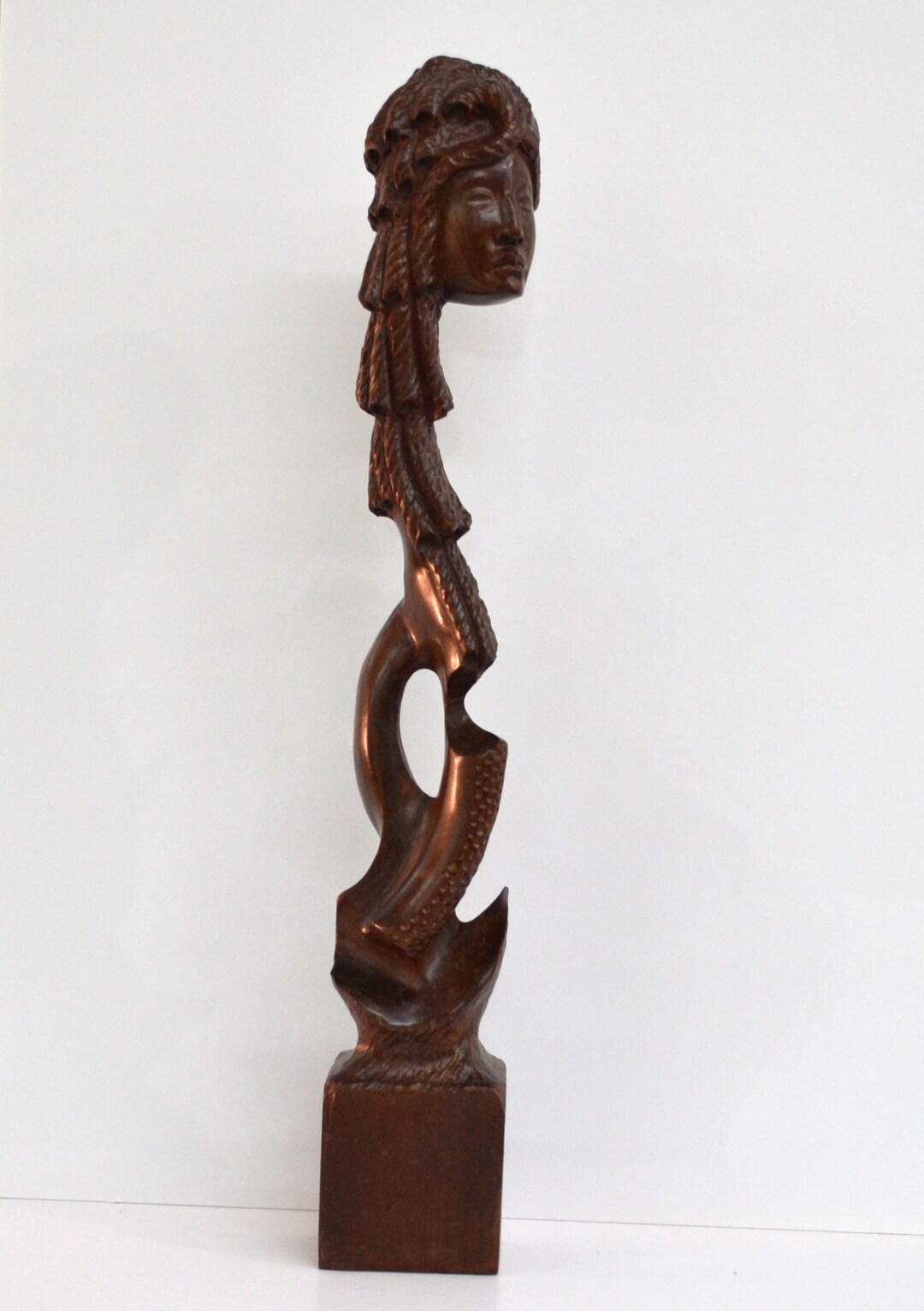 Hand Carved Abstract Elongated Sculpture of Young Woman. Solid Hardwood ...