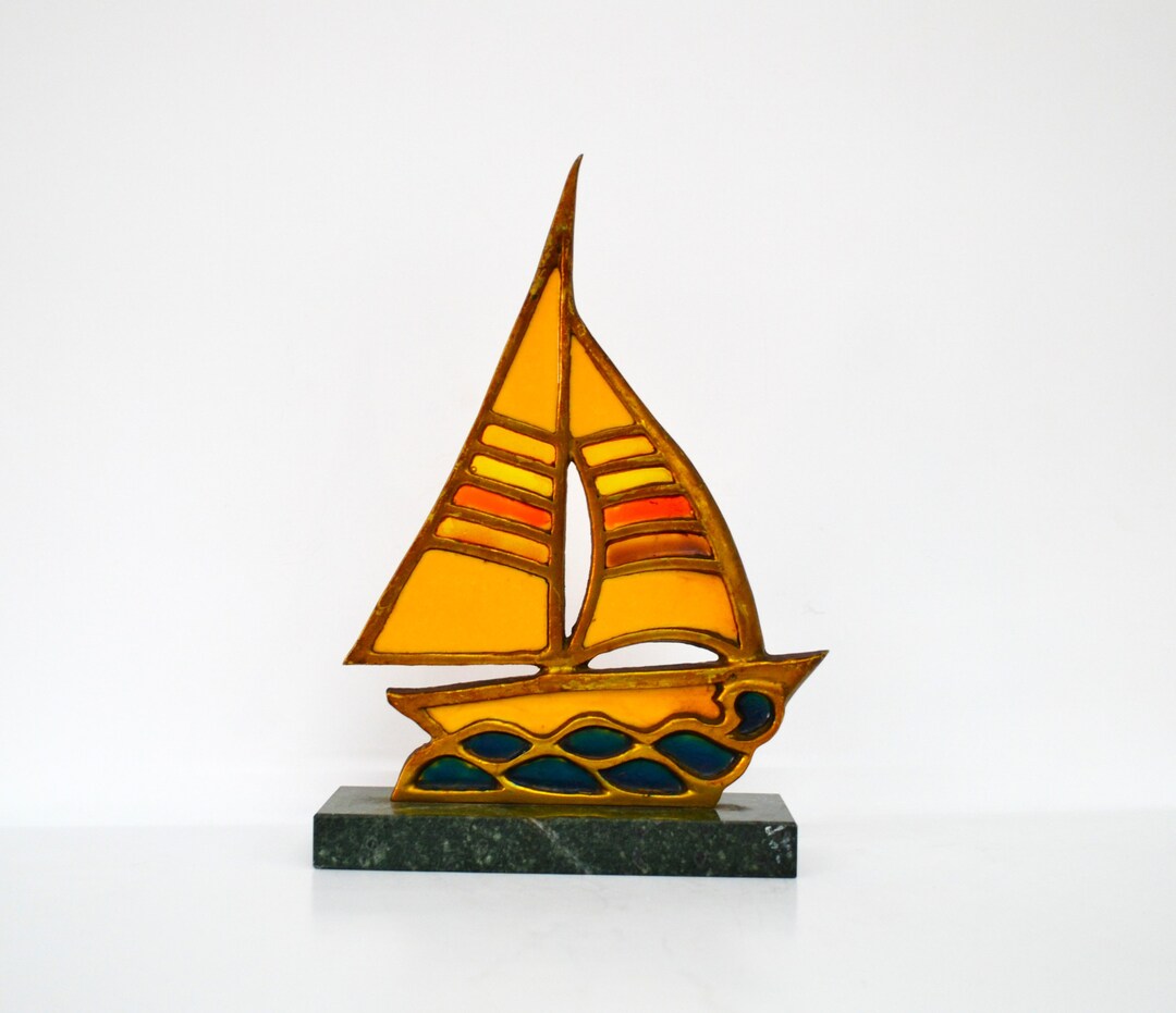 Sail Boat Sculpture on Granite Stand. Patinated Brass Frame . Stained ...