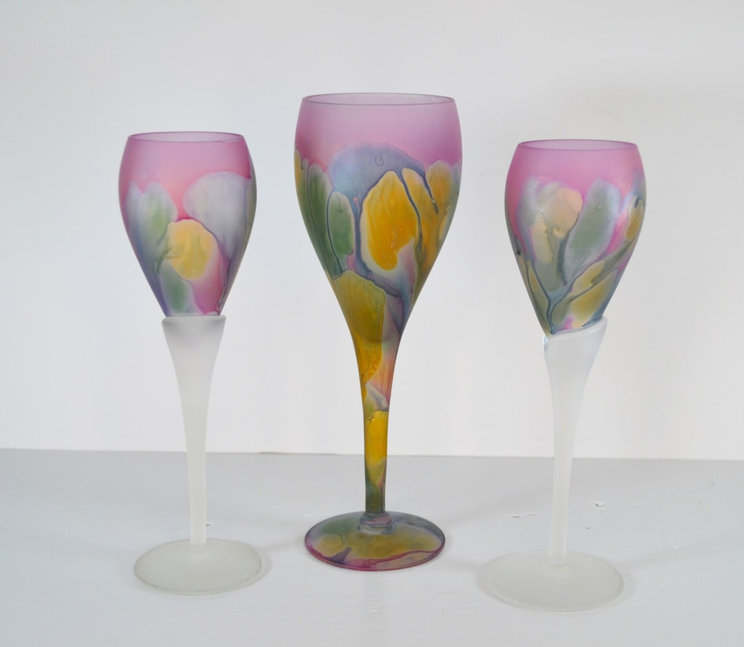 Set of Two Wine Glasses and One Water Goblet by Nouveau Art Glass ...