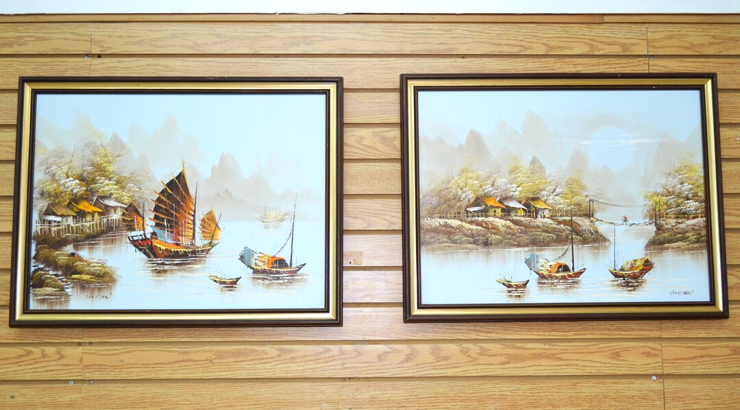 Pair of Framed Original Hong Kong Oil Paintings. Chinese Landscape With ...