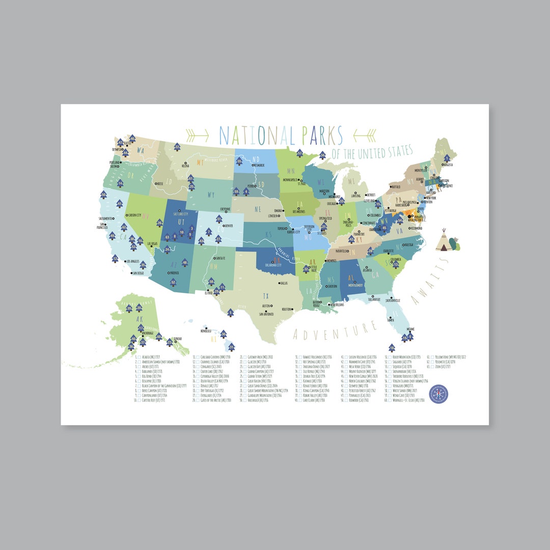 63 US National Parks Map PRINTABLE Adventure Awaits US - Etsy