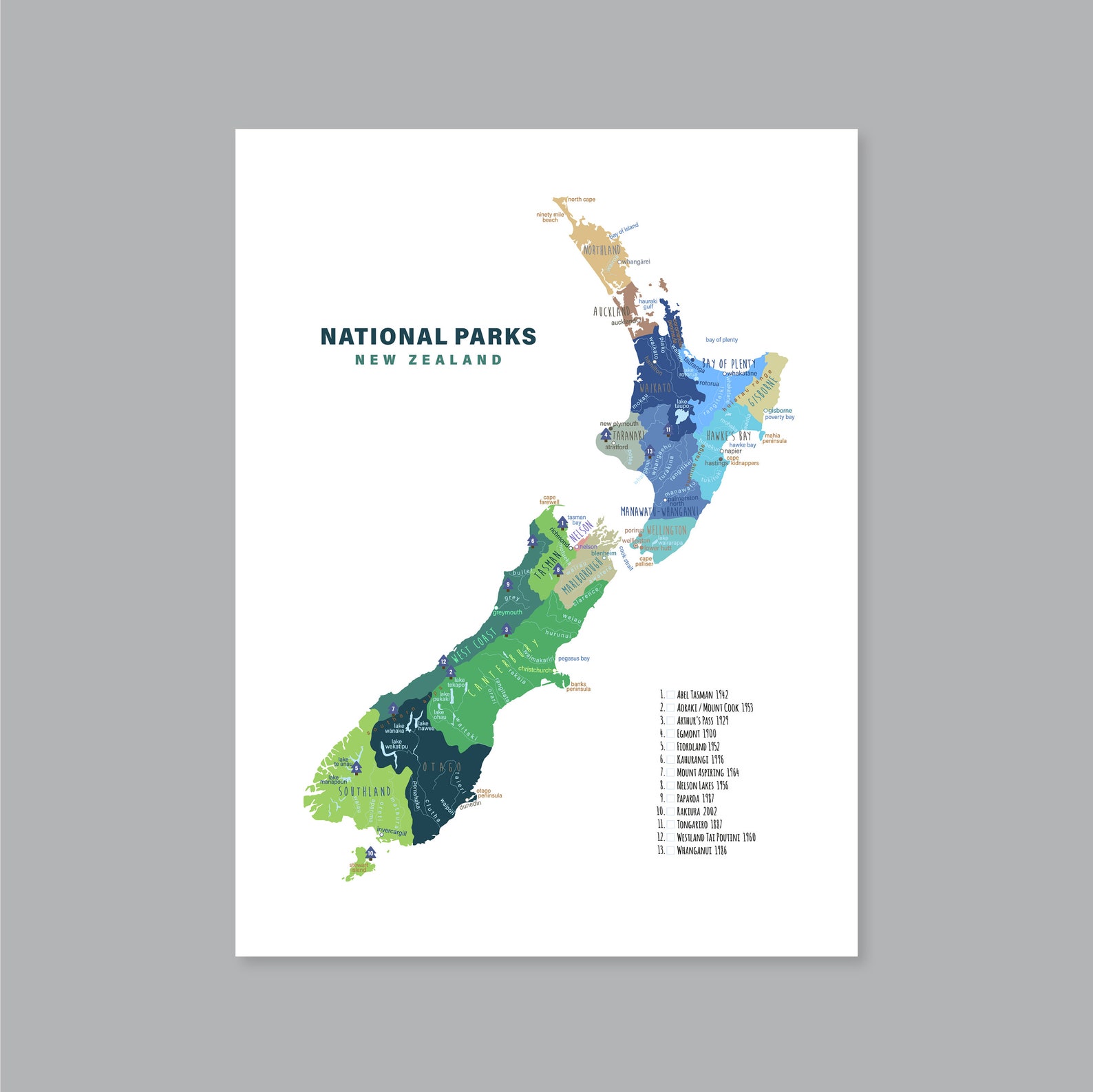 New Zealand National Parks Map Art Print (digital Download) - Etsy
