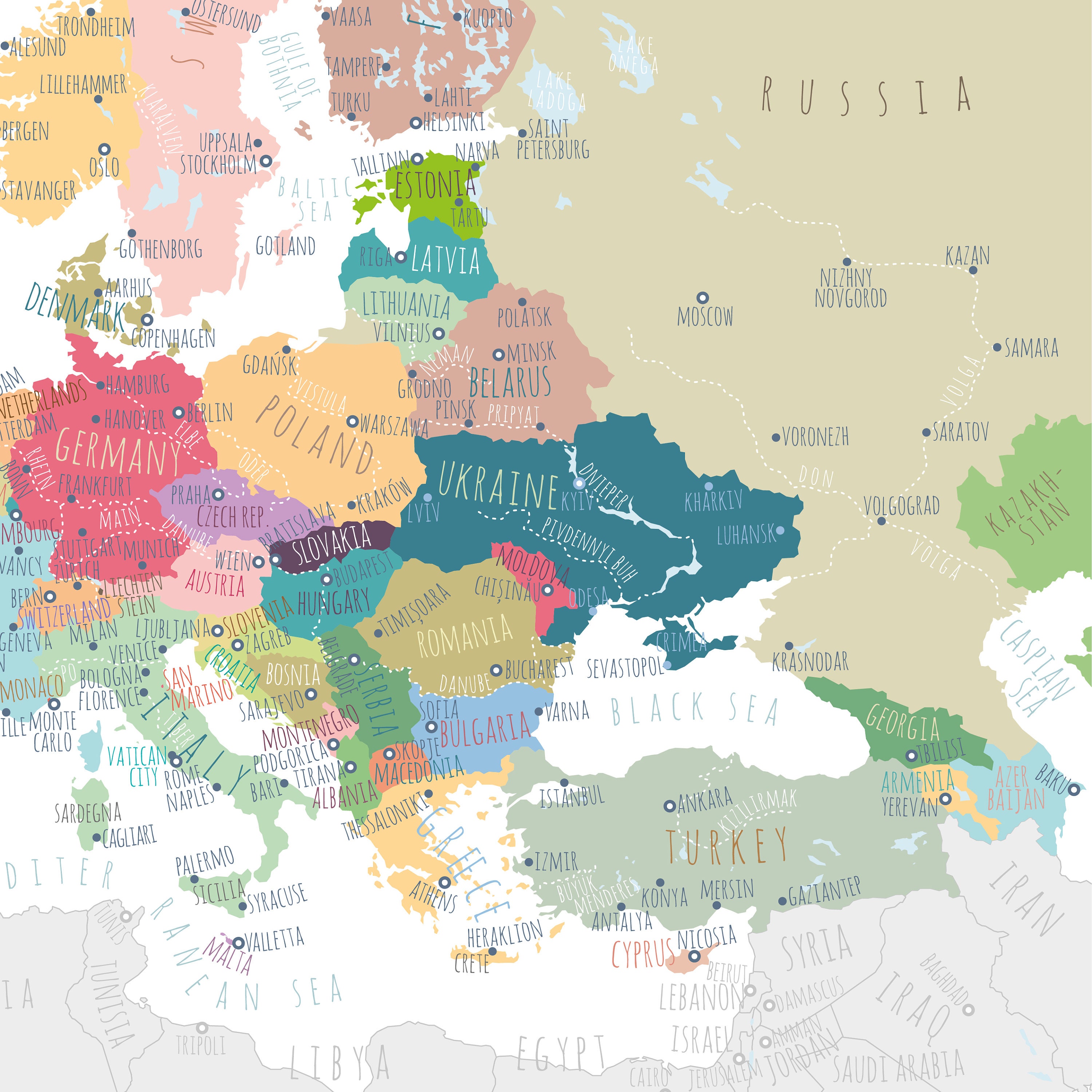 Europe Map PRINTABLE Europe Capitals Map Map of Europe Wall - Etsy