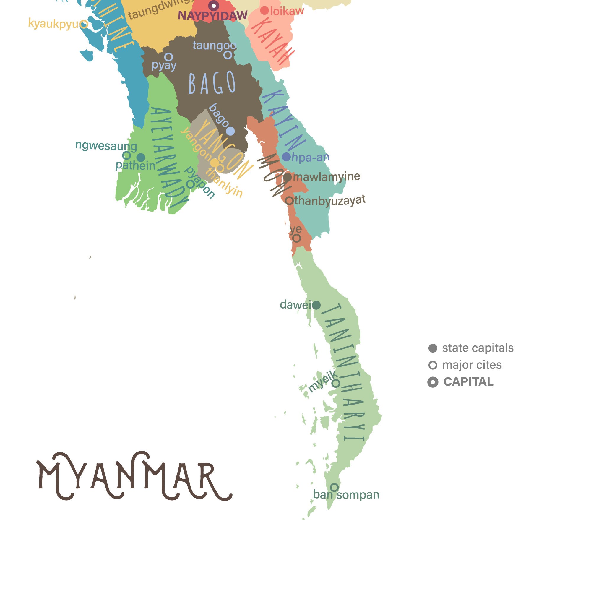 Myanmar Map, PRINTABLE Myanmar Provinces Map, Myanmar Capital State Map ...