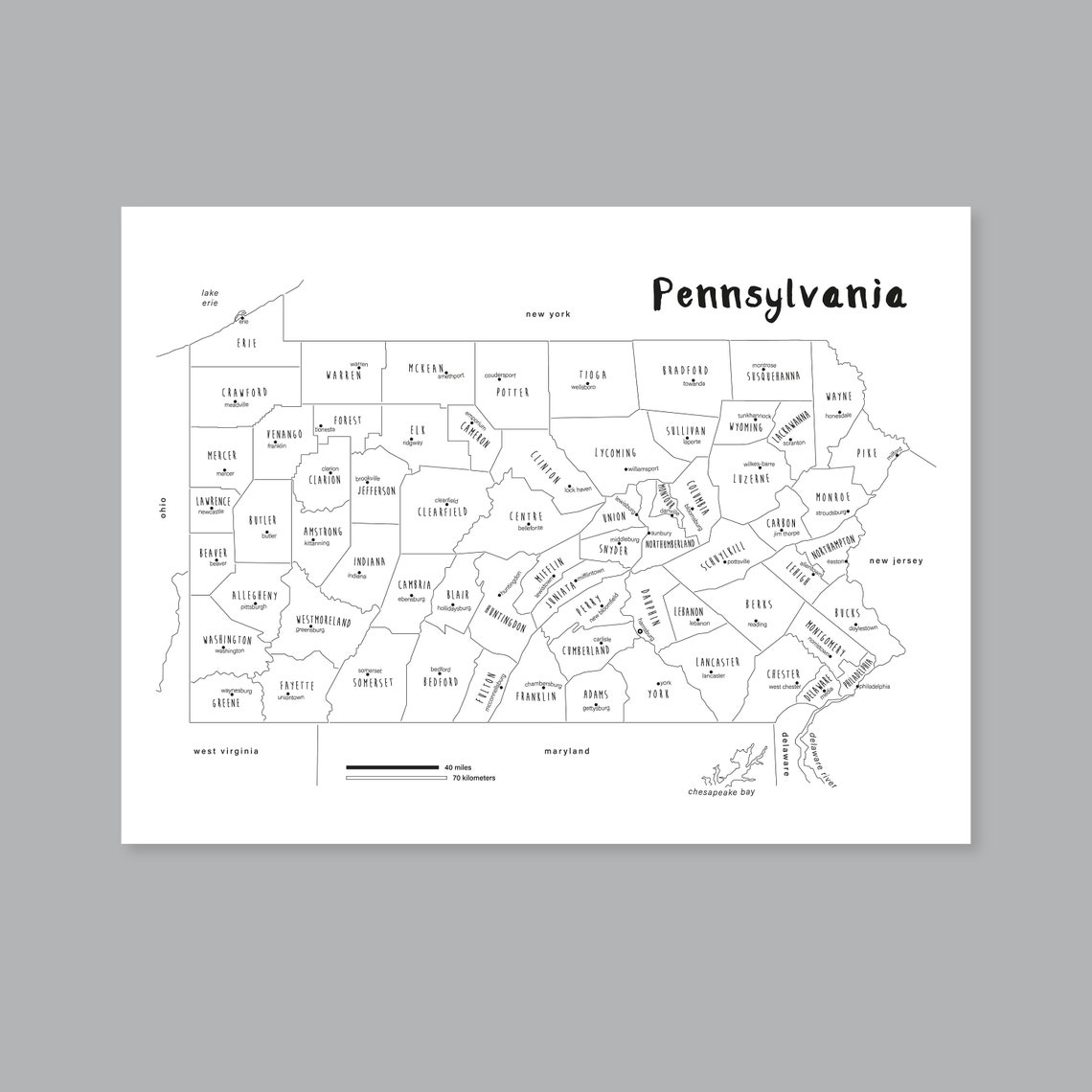Pennsylvania Map Art Print: PA Counties Map, Modern Decor (PDF/JPG) - Etsy