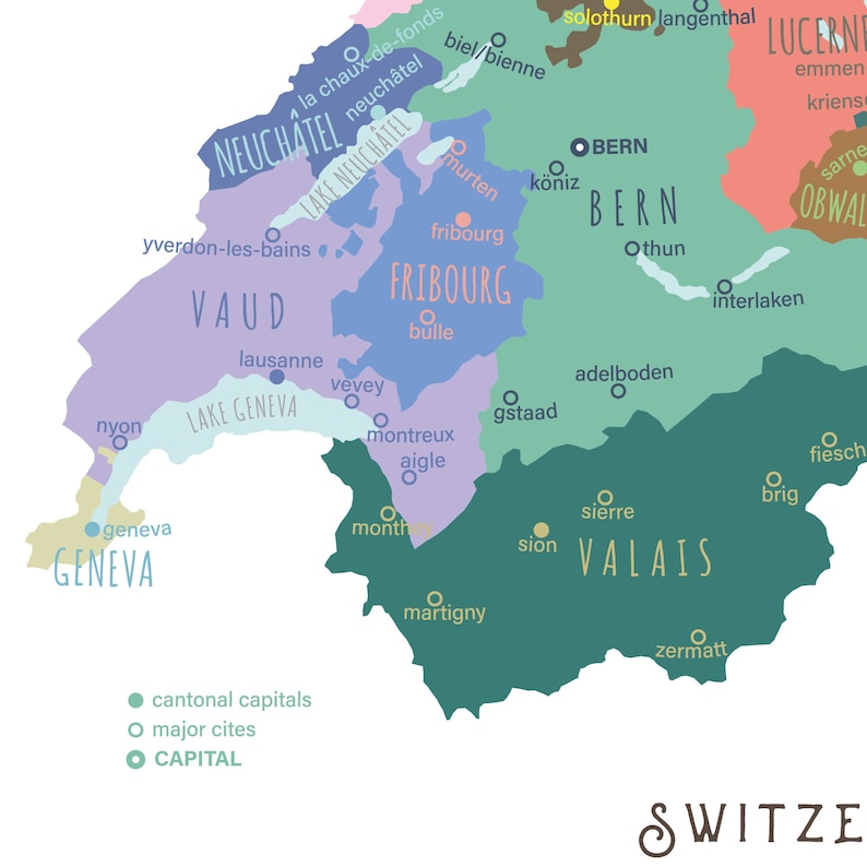 Switzerland Map Print: Swiss Cantons & Capitals (digital Download) # ...