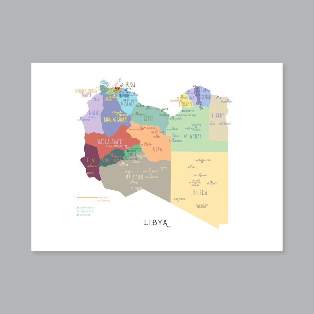 Libya Map Print: Districts and Capitals, Modern Decor (digital Download ...