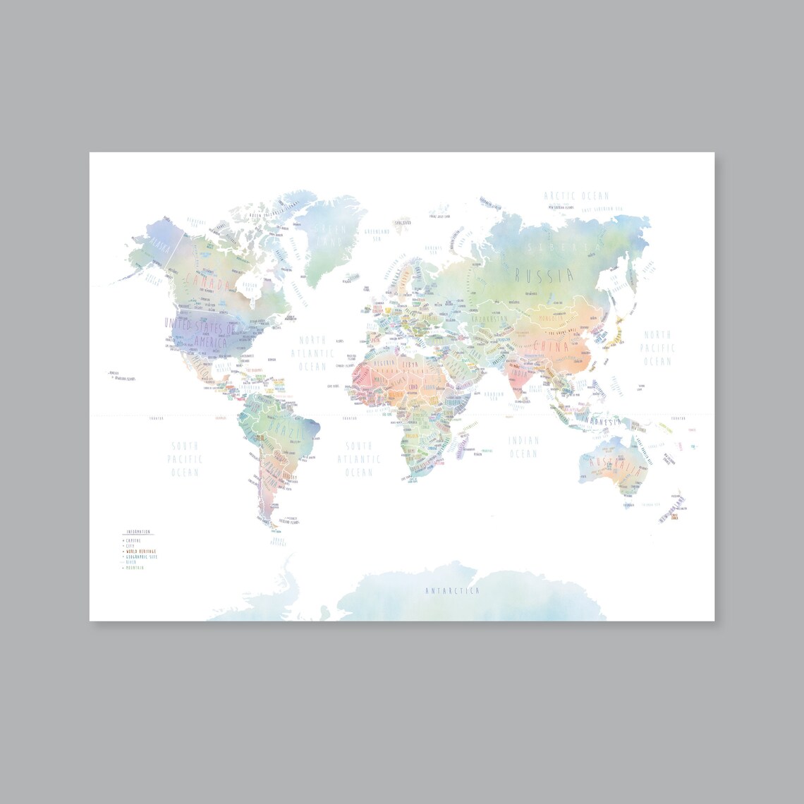 World Map With Countries PRINTABLE Map of the World Wall Art - Etsy UK