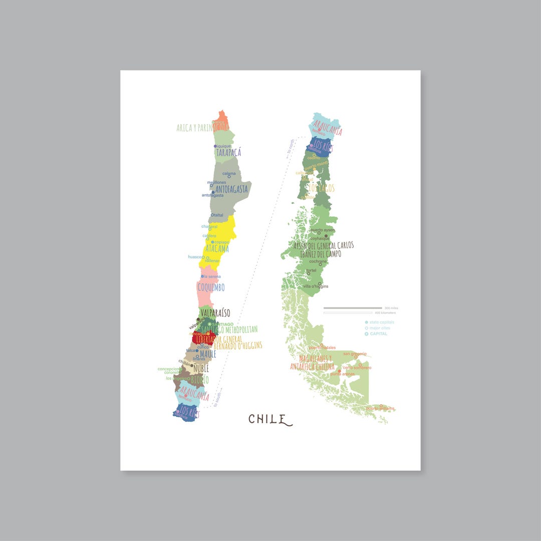 Chile Map Print: Regions and Capitals, Modern Home Decor (digital ...
