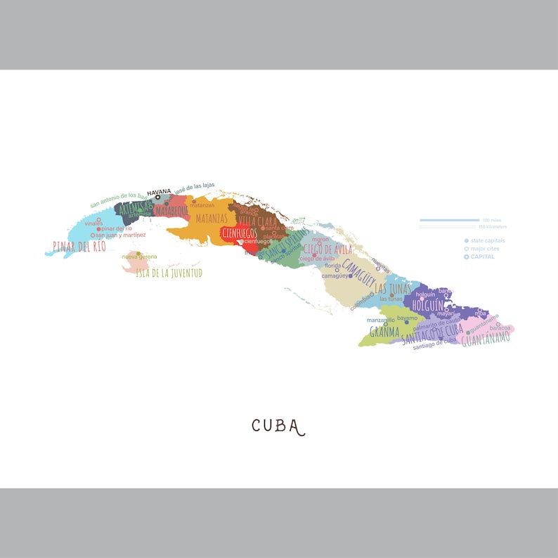 Cuba Map Art Print: Provinces & Capitals (digital Download) #P623 - Etsy