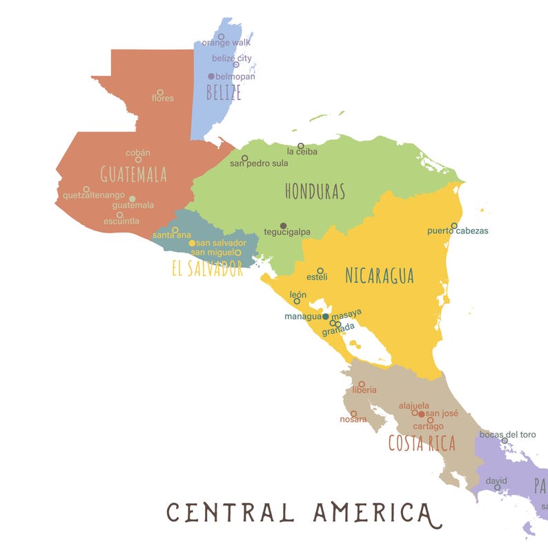 Central America Map Art Print: A Soft, Colorful Portrait of Seven Lands ...