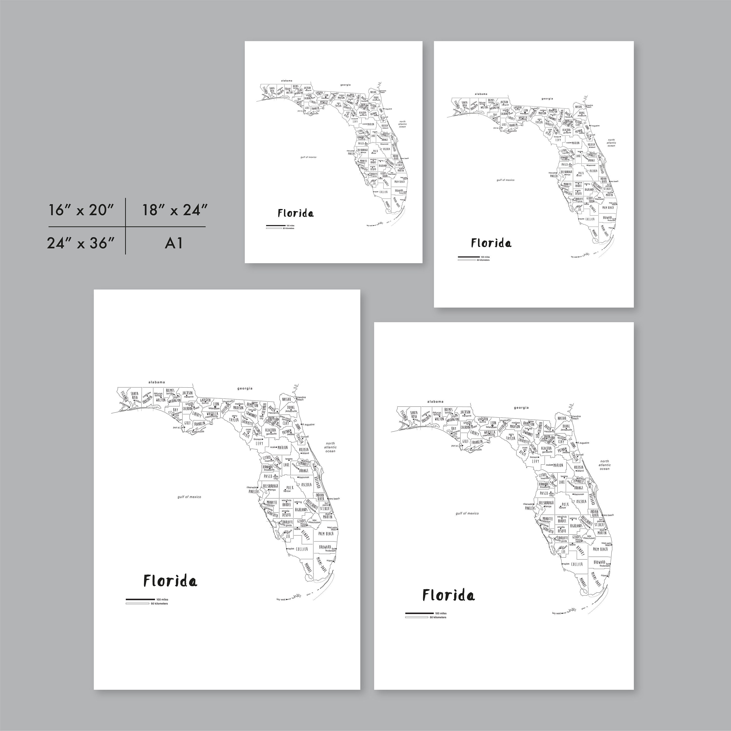 Florida Map Art PRINTABLE Florida Countries Map FL Florida - Etsy