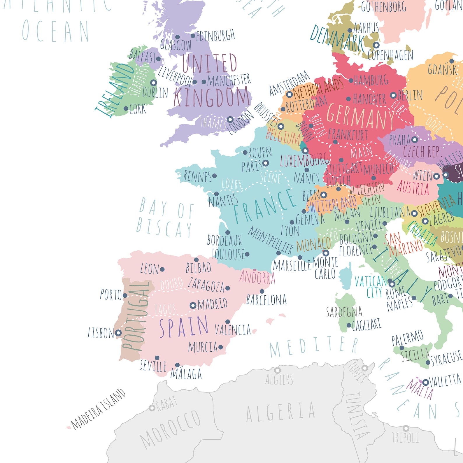 Europe Map, PRINTABLE Europe Capitals Map, Map of Europe Wall Art Kid ...