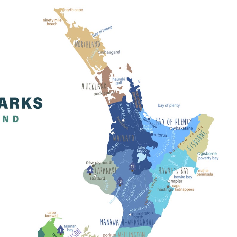 New Zealand National Parks Map Art Print (digital Download) - Etsy