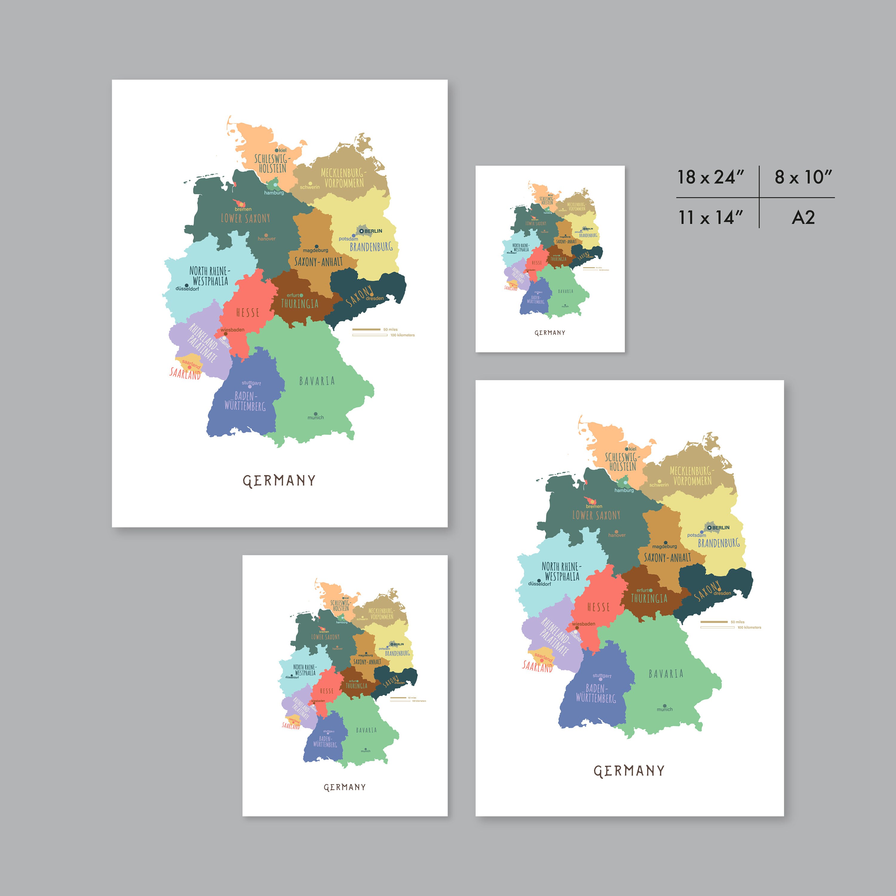 Mapa de Alemania Estados y capitales de Alemania IMPRIMIBLES - Etsy España