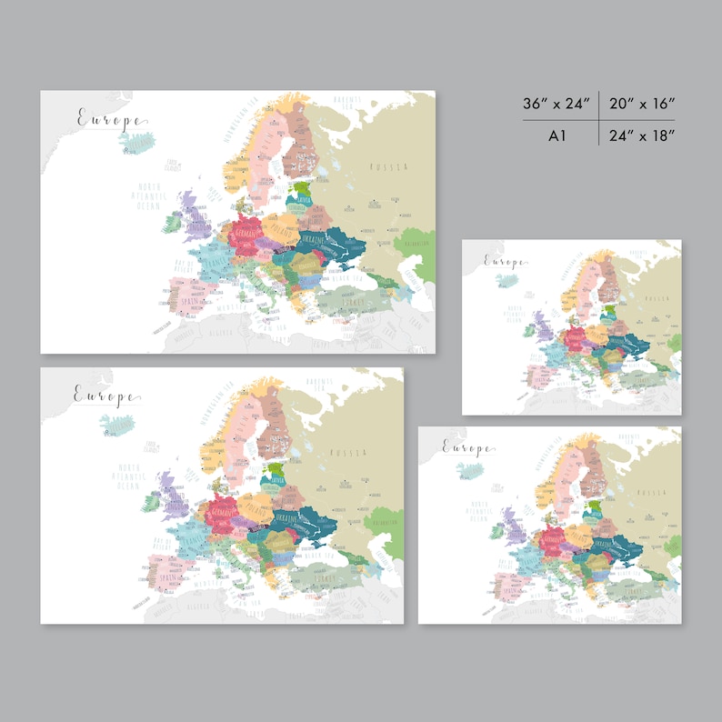 Printable Europe Map: Countries, Capitals, Cities (PDF/JPG) - Etsy
