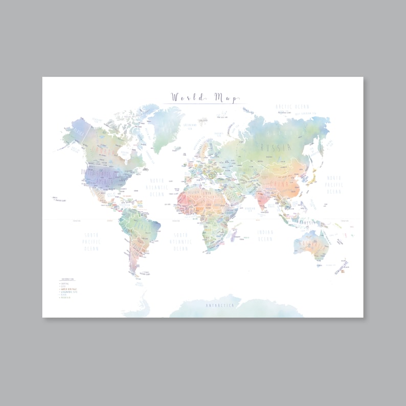 World Map With Countries PRINTABLE Map of the World Wall Art - Etsy