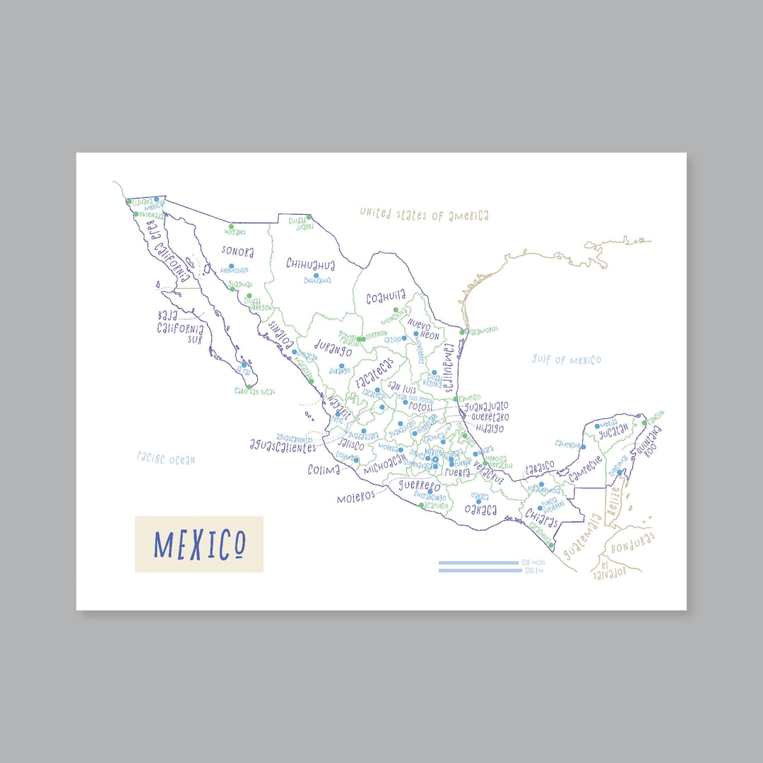 Mexico Map, PRINTABLE Mexico Provinces, Capitals, Cities, Labeled Mexico Map, Modern Home Decor ...