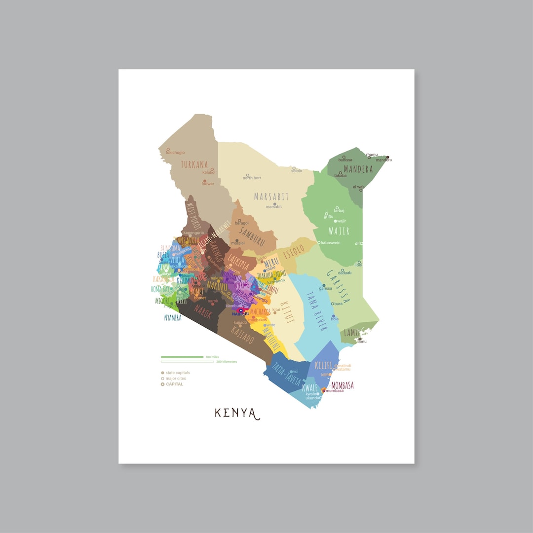 Kenya County Map, PRINTABLE Kenya County and Capitals, Labeled Kenya ...