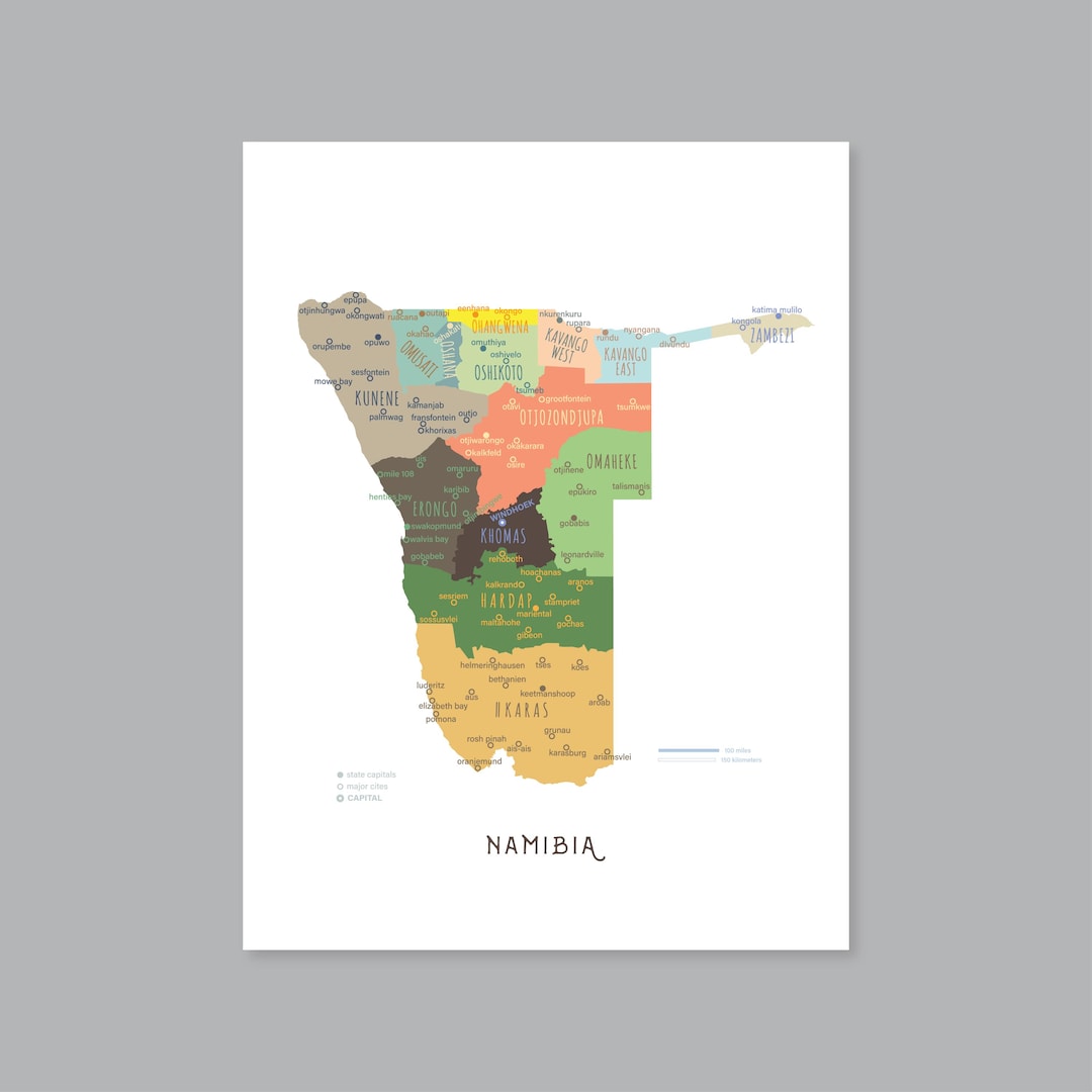 Namibia Map, PRINTABLE Namibia Regions and Capitals, Labeled Namibia ...