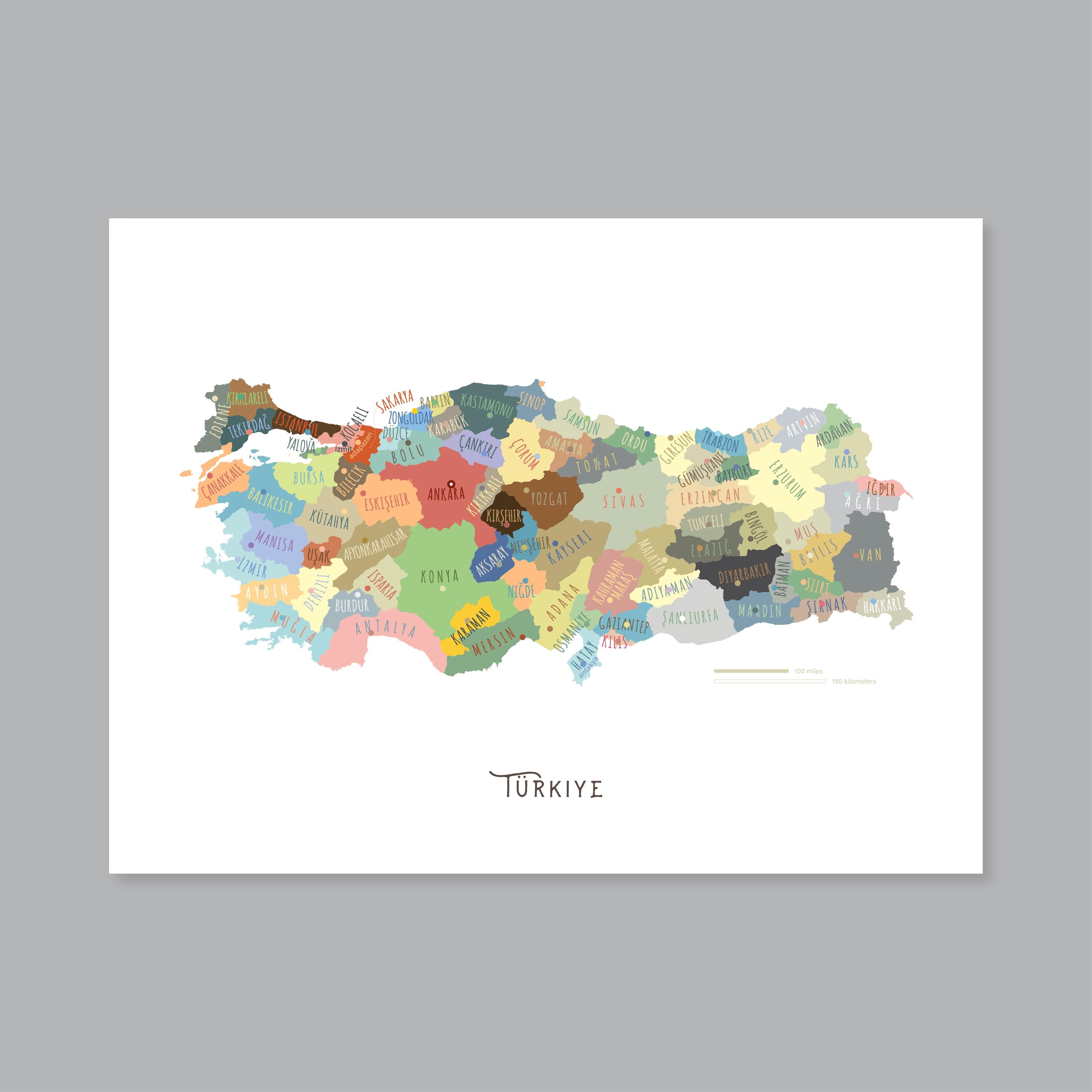 Türkiye Map Print: Provinces & Capitals, Modern Home Decor (digital ...