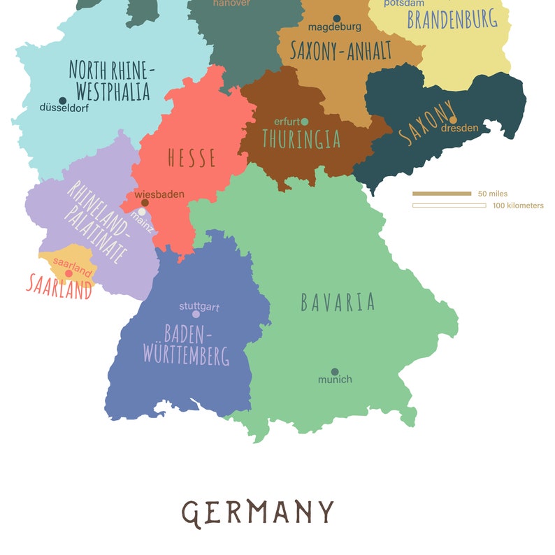 Germany Map PRINTABLE Germany States and Capitals Labeled - Etsy