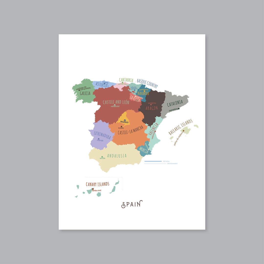 Spain Map Print: States and Capitals, Modern Home Decor (digital ...