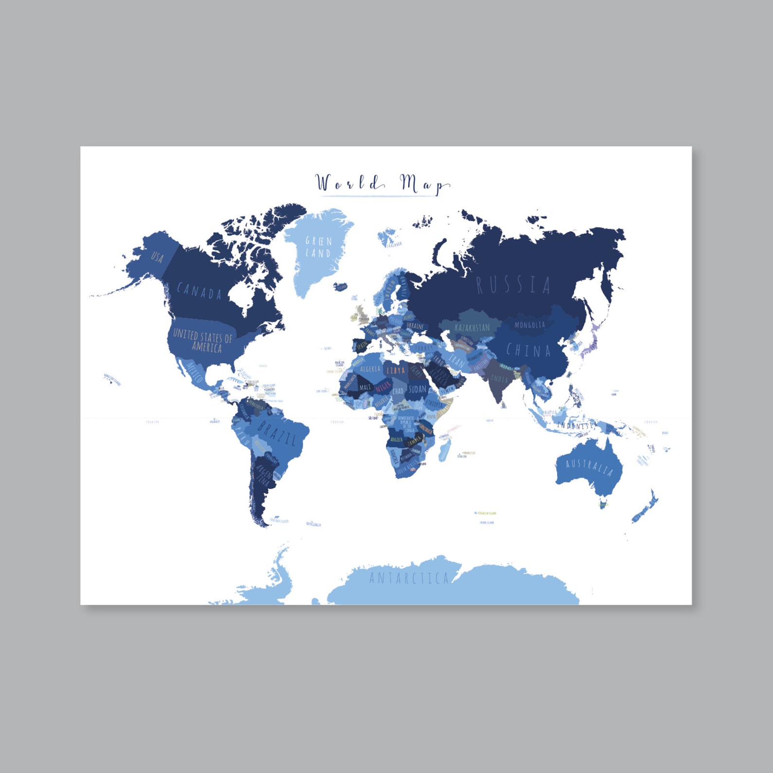 World Map With Countries, PRINTABLE Map of the World Wall Art Indigo ...