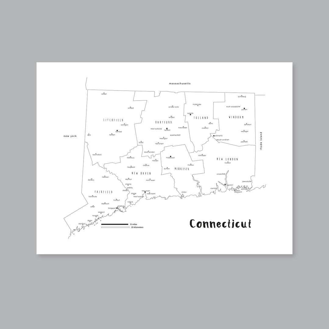 Connecticut Map Art, PRINTABLE Connecticut County Map TN, Connecticut ...