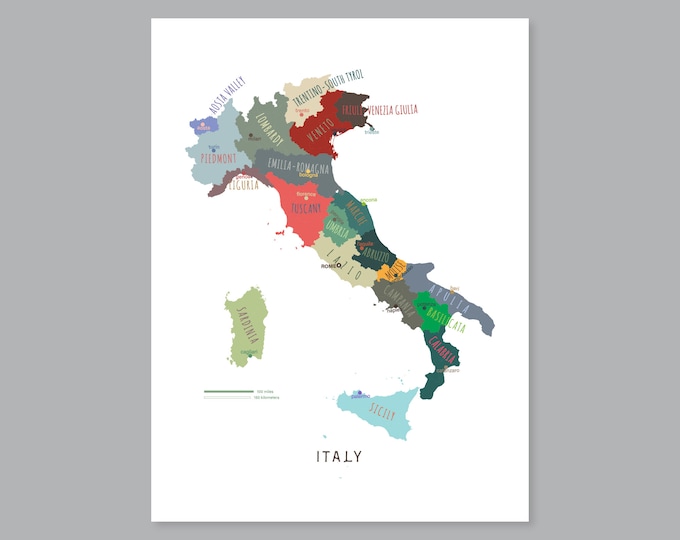 Map of the Regions of Italy Print, Italy Regions Map, Mappa Dell'italia ...