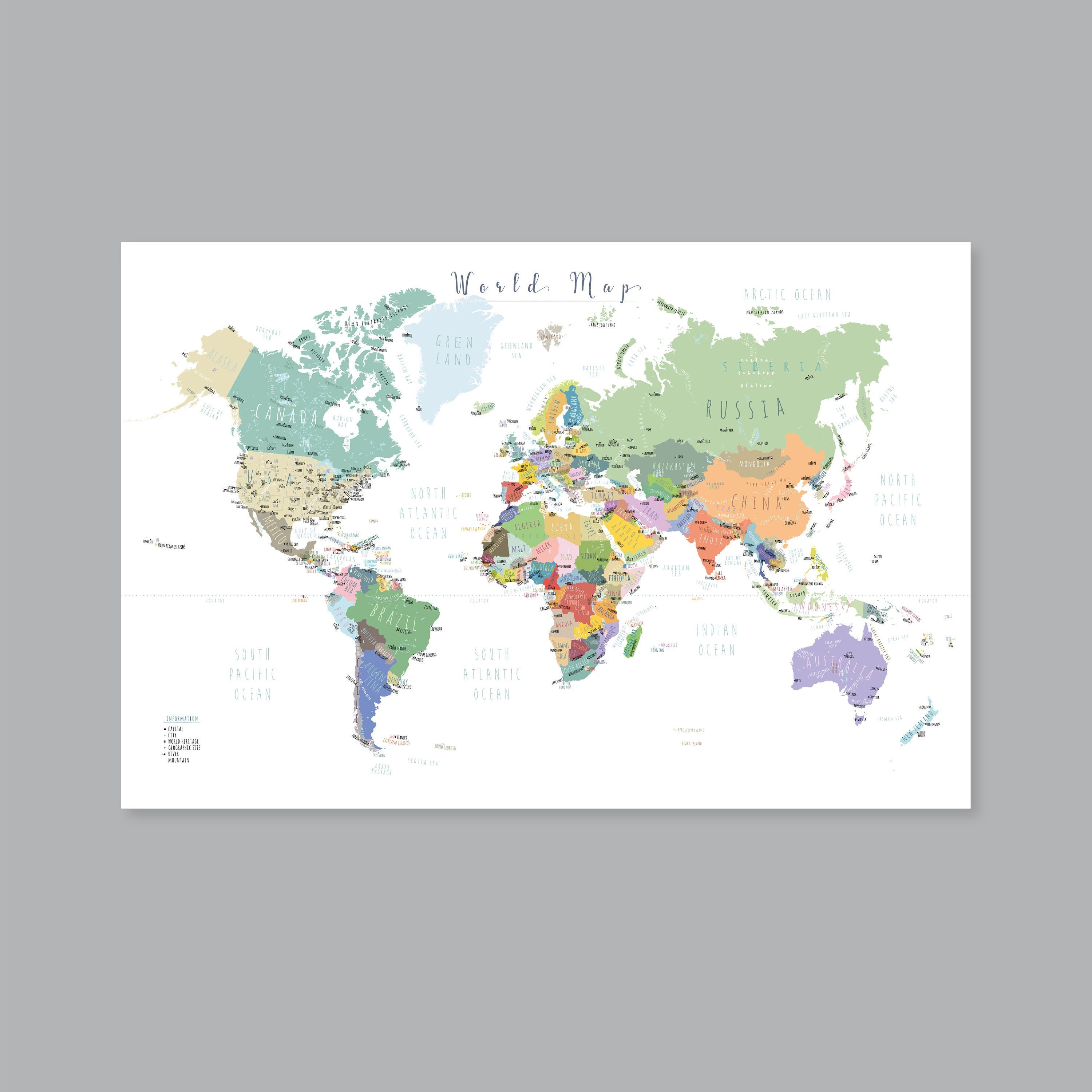 World Map Poster PRINTABLE USA State Capitals World Map With - Etsy