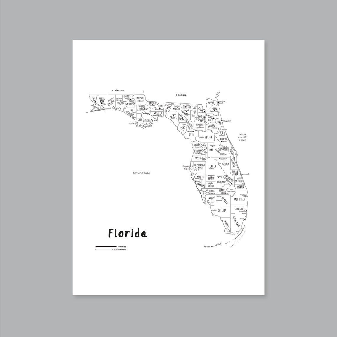 Florida Map Art PRINTABLE Florida Countries Map FL Florida - Etsy