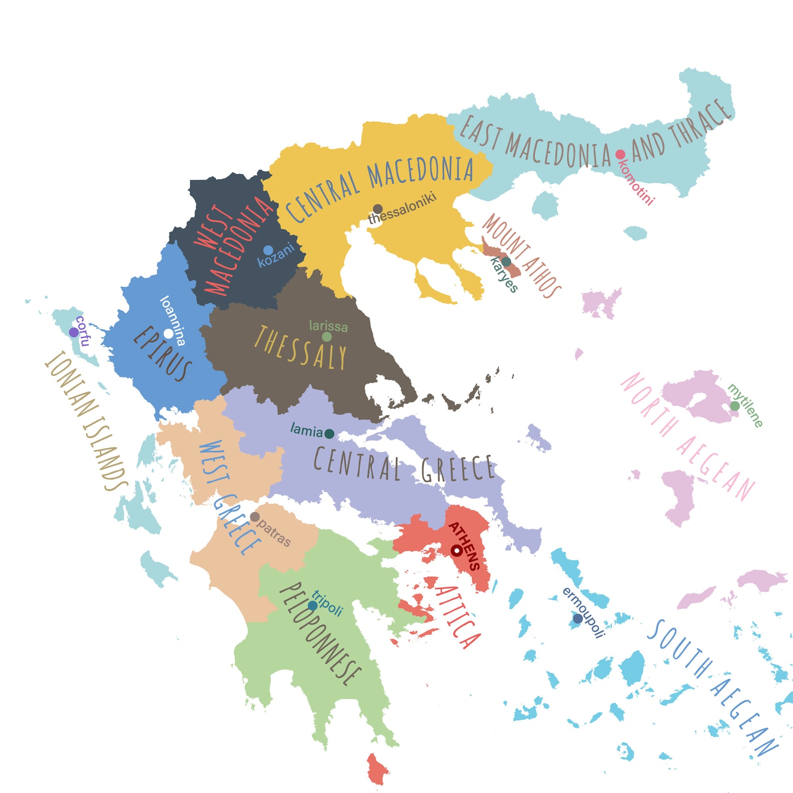 Greece Map, PRINTABLE Greece Regions and Capitals, Labeled Greece Map ...