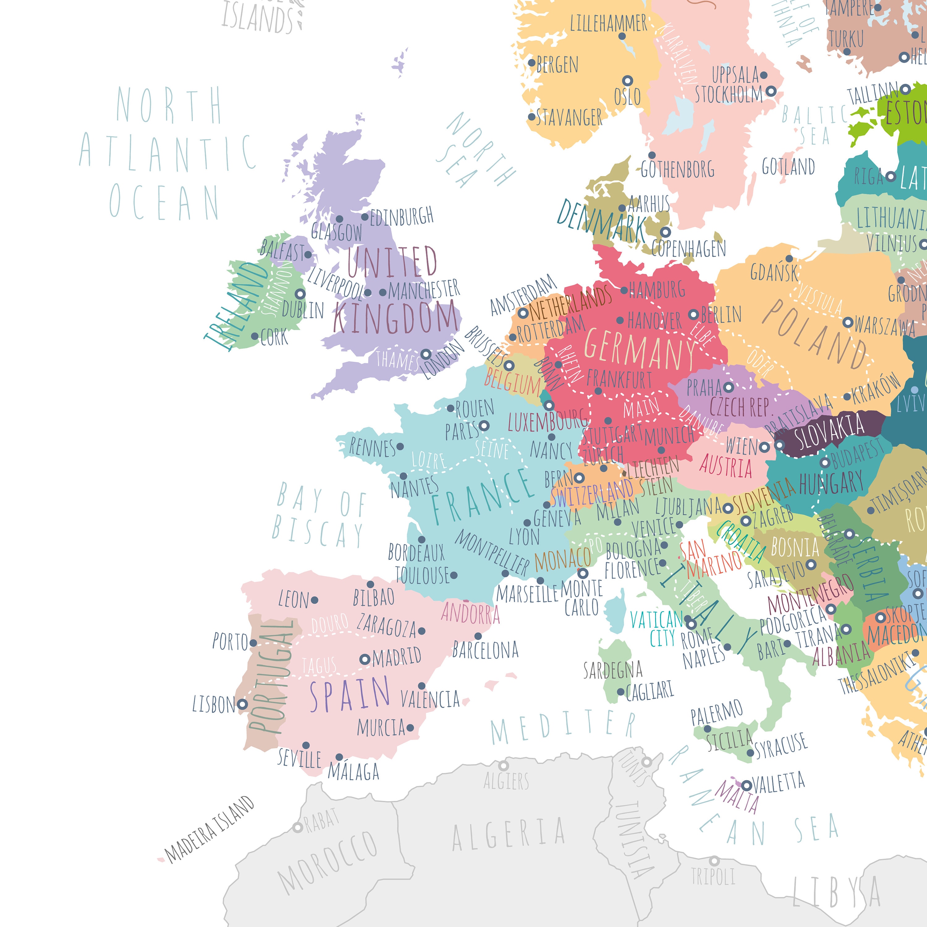 Europe Map PRINTABLE Europe Capitals Map Map of Europe Wall - Etsy ...