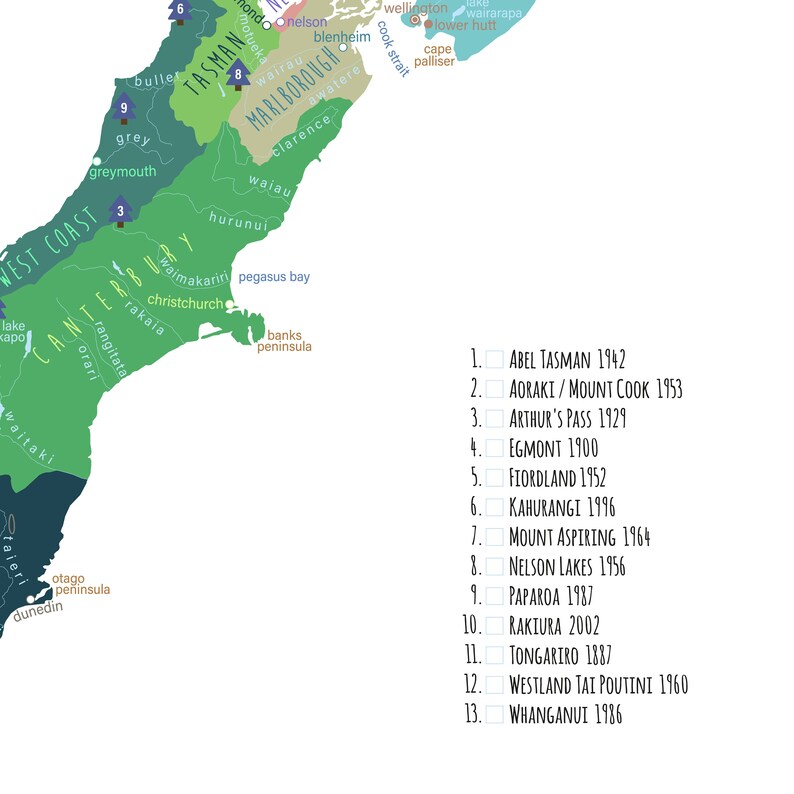 New Zealand National Parks Map Art Print (digital Download) - Etsy