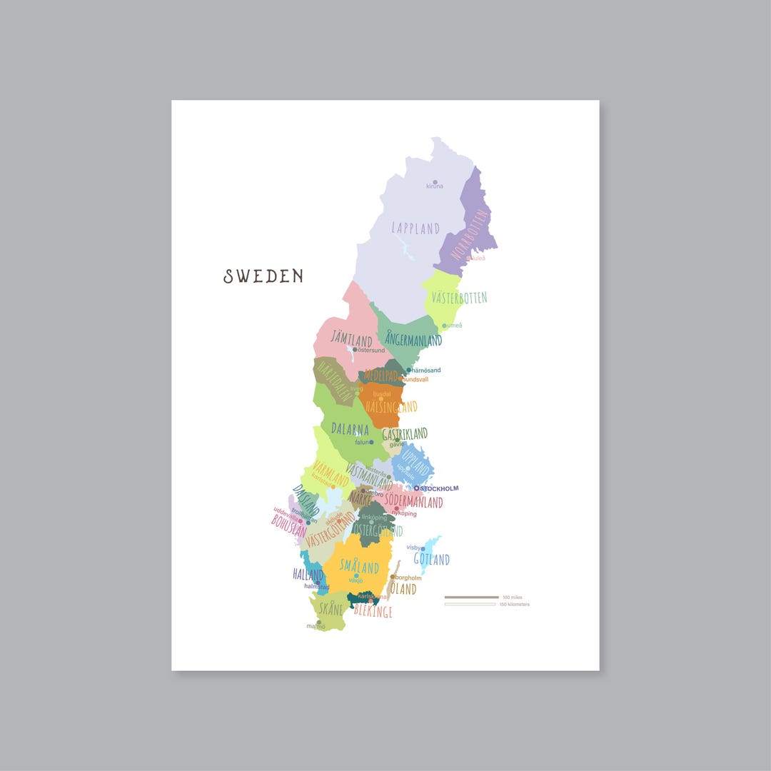 Sweden Map, PRINTABLE Sweden Provinces and Capitals, Labeled Sweden Map, Sverigekarta, Modern ...