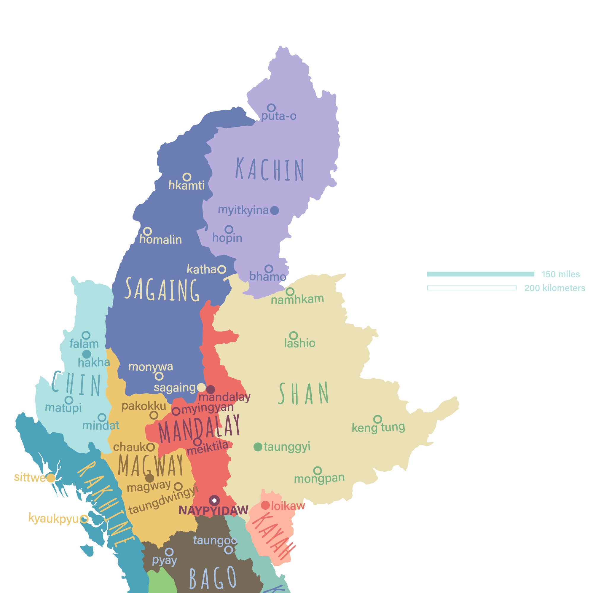 Myanmar Map, PRINTABLE Myanmar Provinces Map, Myanmar Capital State Map ...