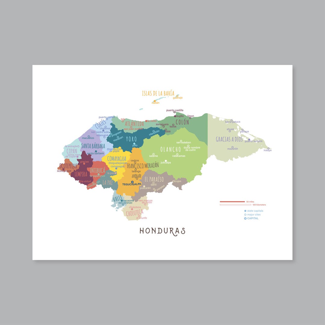 Honduras Map Art Print: Departments & Capitals (digital Download) #P624 ...