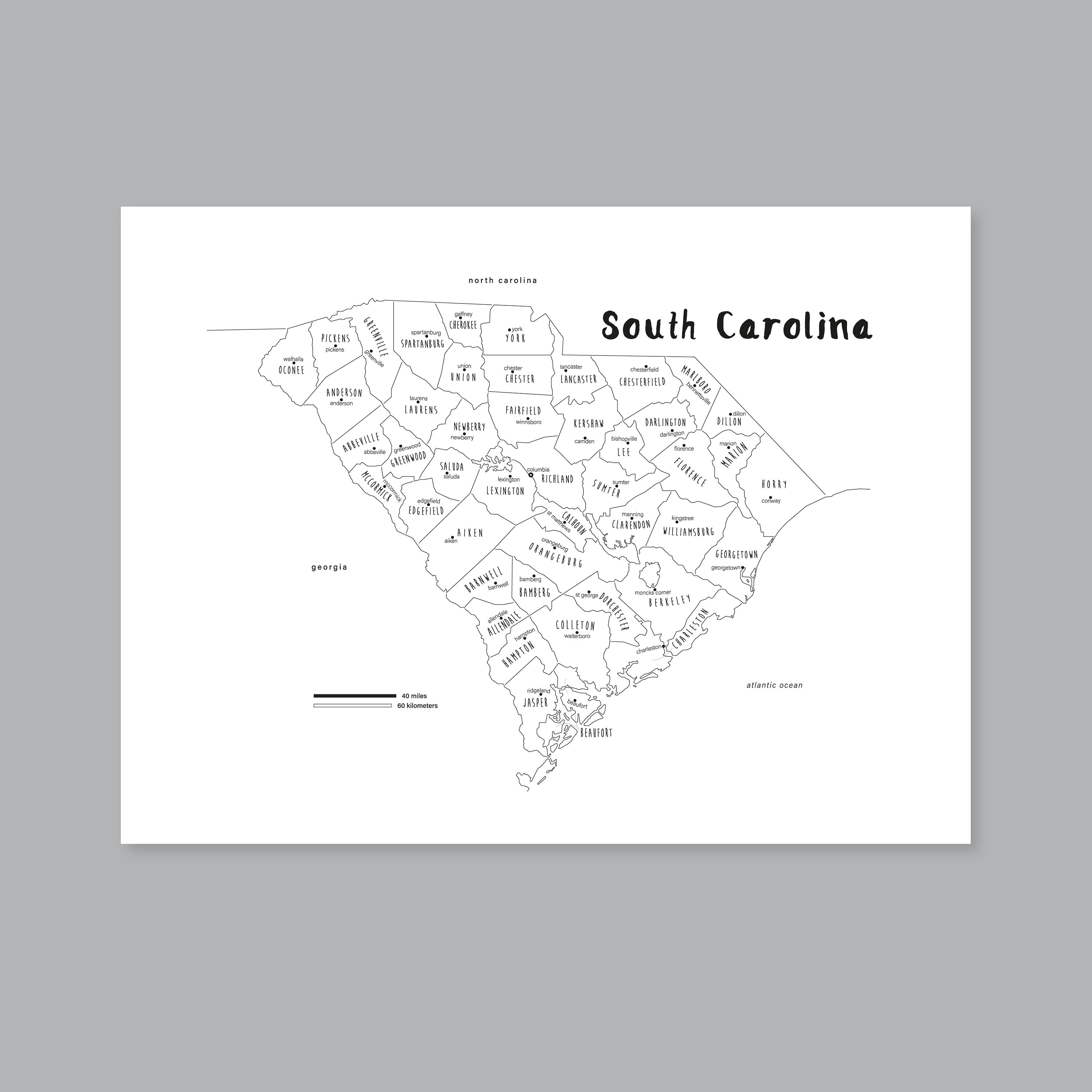 South Carolina Map Art, PRINTABLE South Carolina Countries Map SC ...