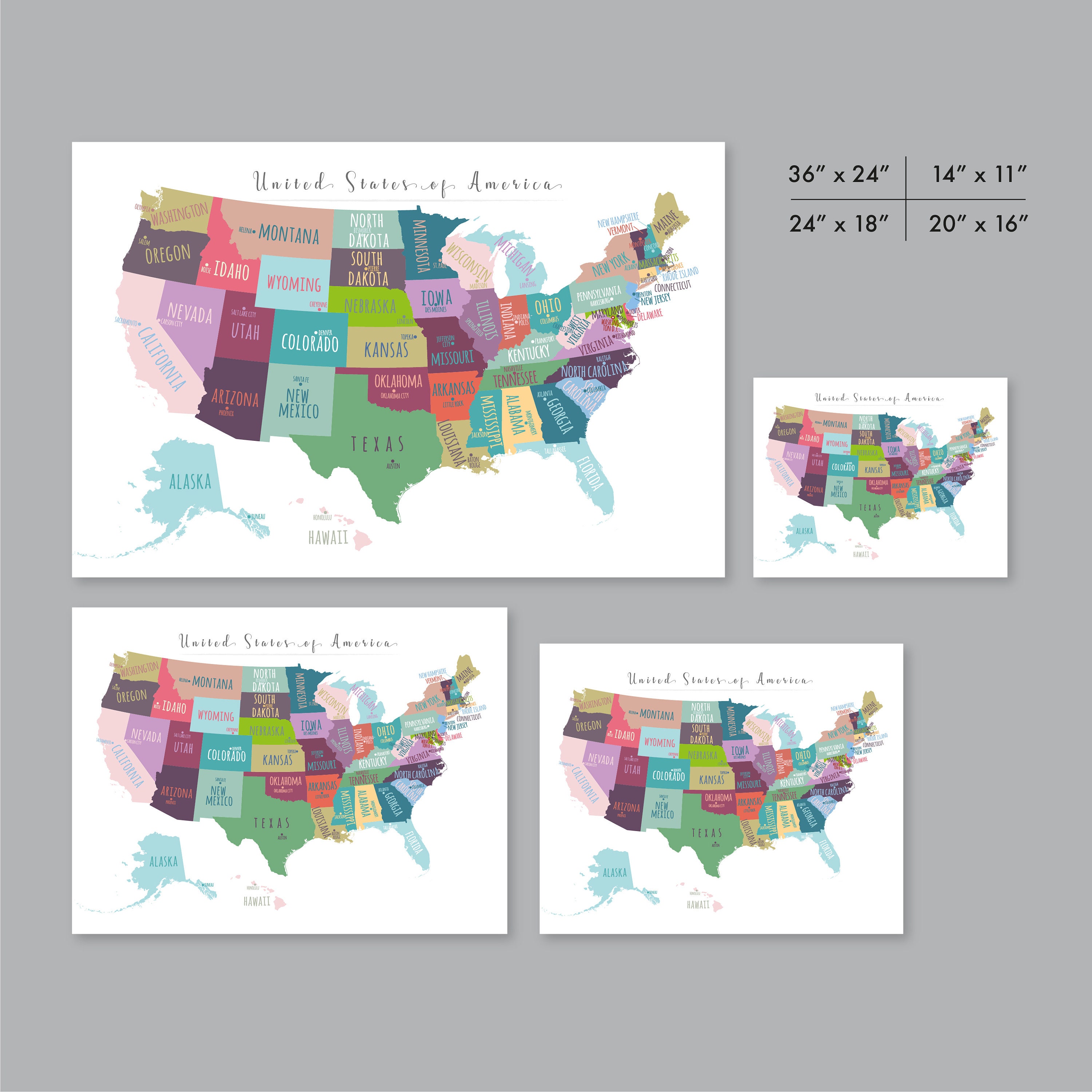 US Map Capitals Wall Art, PRINTABLE United States Map Print, Usa States ...