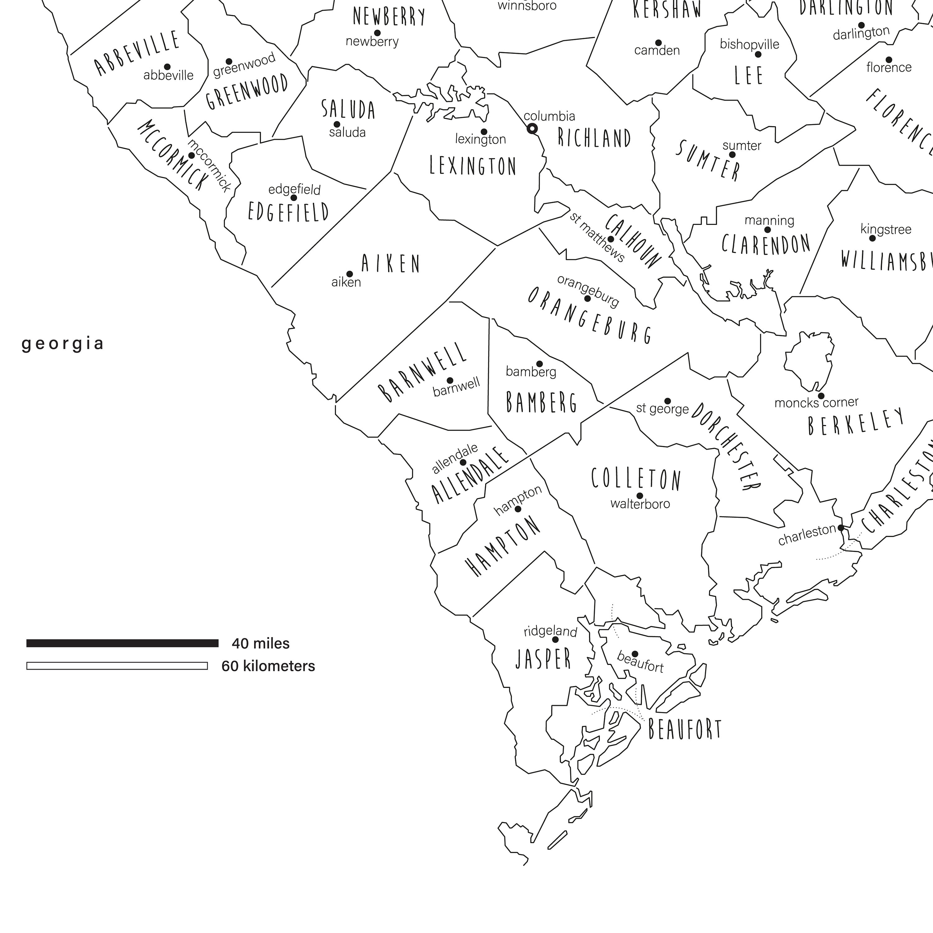 South Carolina Map Art, PRINTABLE South Carolina Countries Map SC ...