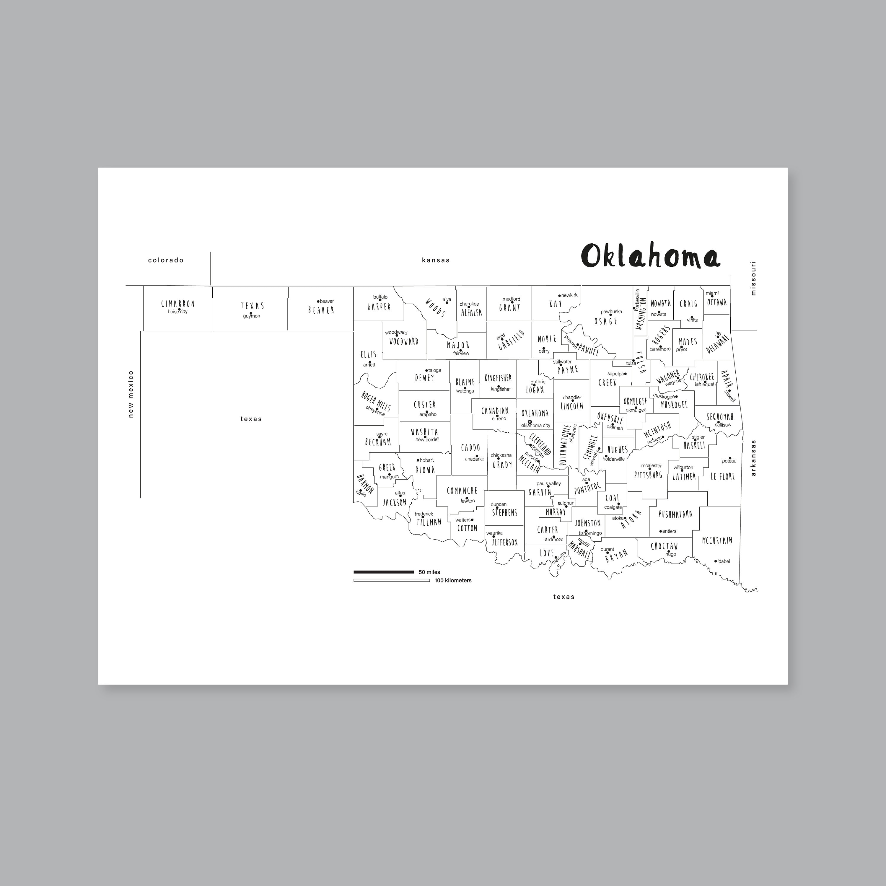 Oklahoma Map Art, PRINTABLE Oklahoma County Map OK, Oklahoma State Map ...