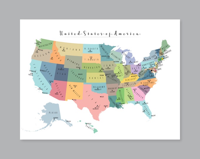 US Map Capitals Wall Art, PRINTABLE United States Map Print, Usa States ...