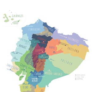 Printable Ecuador Map - Ecuador Provinces and Capitals, Labeled Modern ...