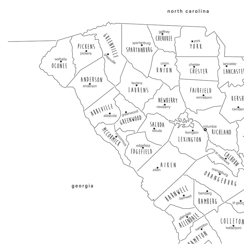 South Carolina Map Art, PRINTABLE South Carolina Countries Map SC ...