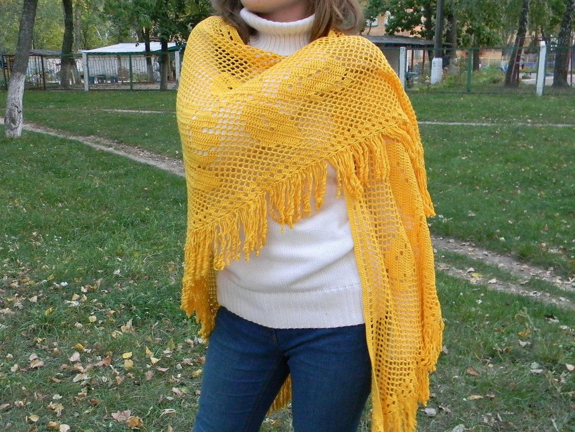 Yellow Crochet Shawl Triangle Shawl Lace Wedding Wrap Crochet Bridal ...