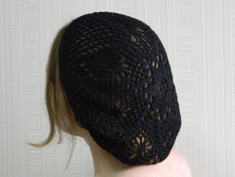 Black summer beret for women Summer beanie crochet hair snood | Etsy