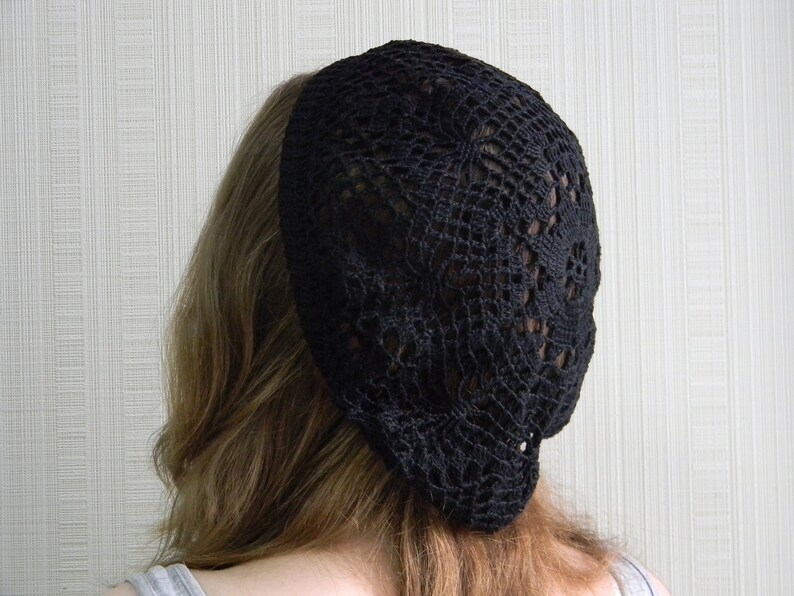 Black summer beret for women Summer beanie crochet hair snood | Etsy