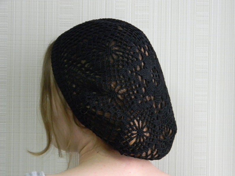 Black summer beret for women Summer beanie crochet hair snood | Etsy