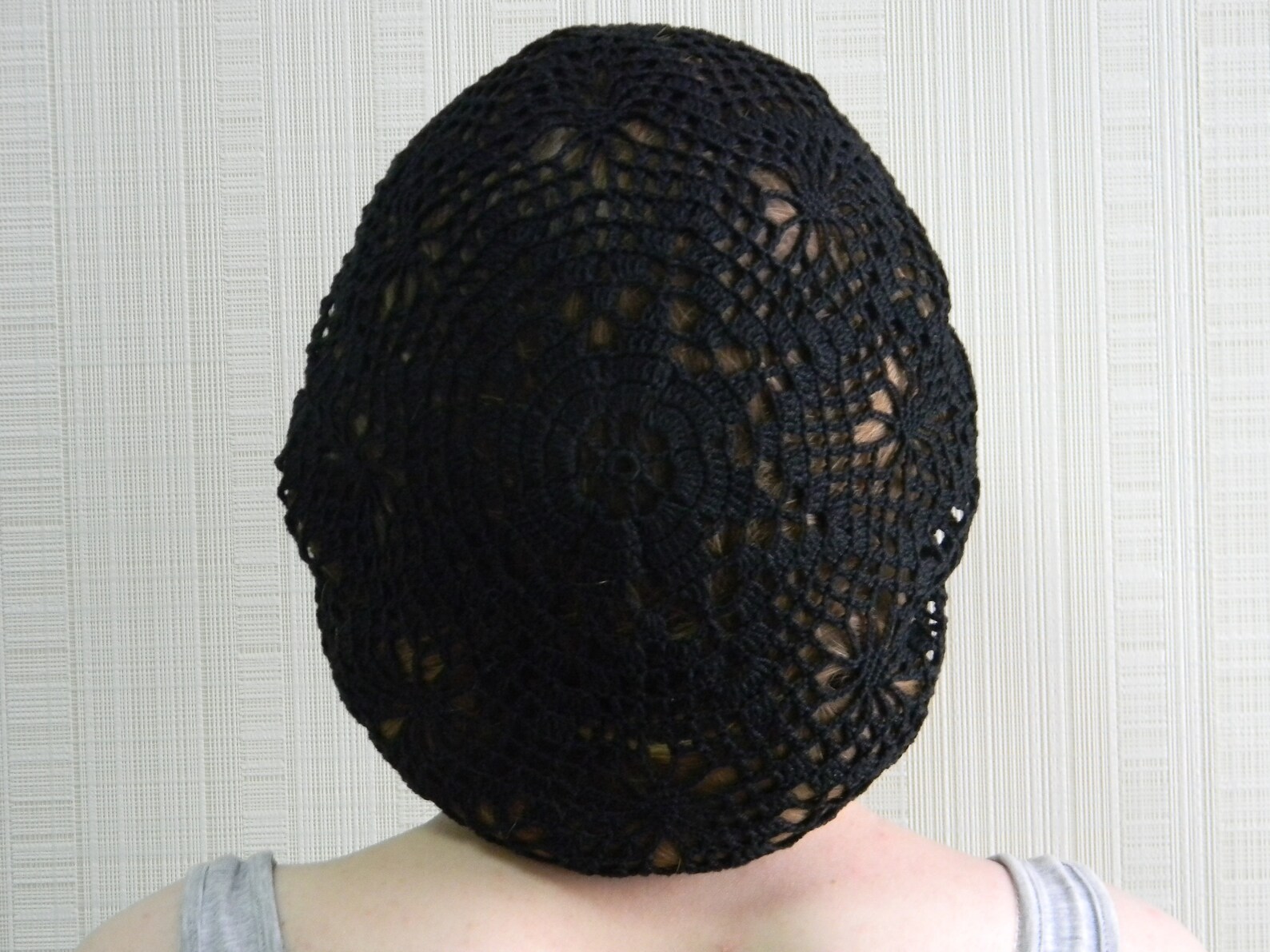 Black summer beret for women Summer beanie crochet hair snood | Etsy